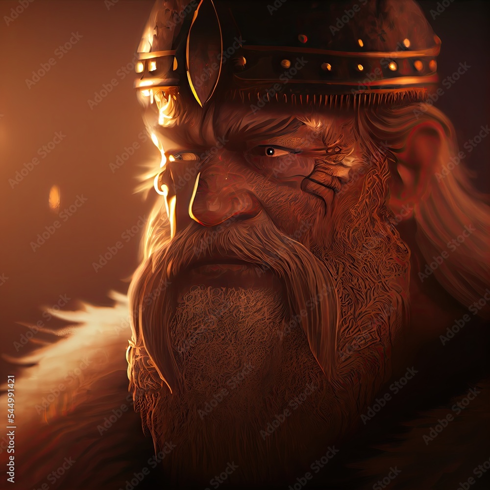 Portrait of medieval dwarf viking warrior chief in the sunrise light ...