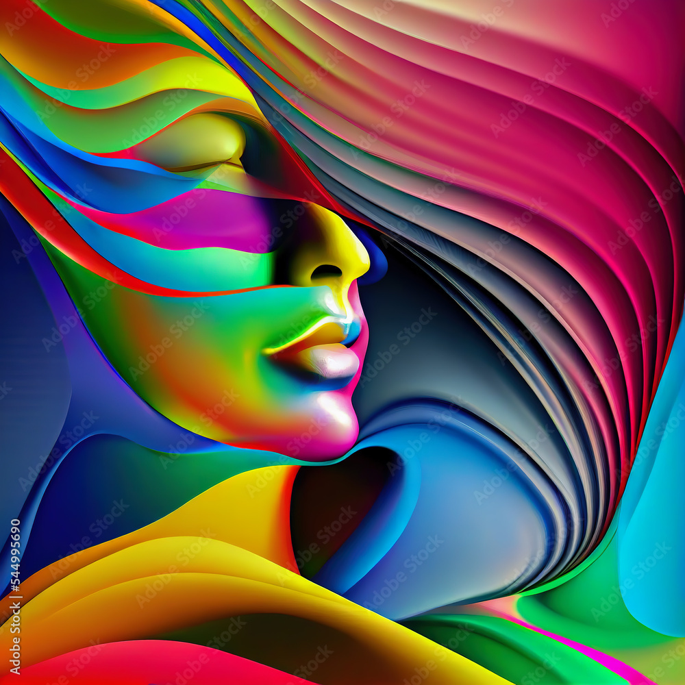 Stunning 3D illustration of a woman's face enveloped in vivid rainbow ...
