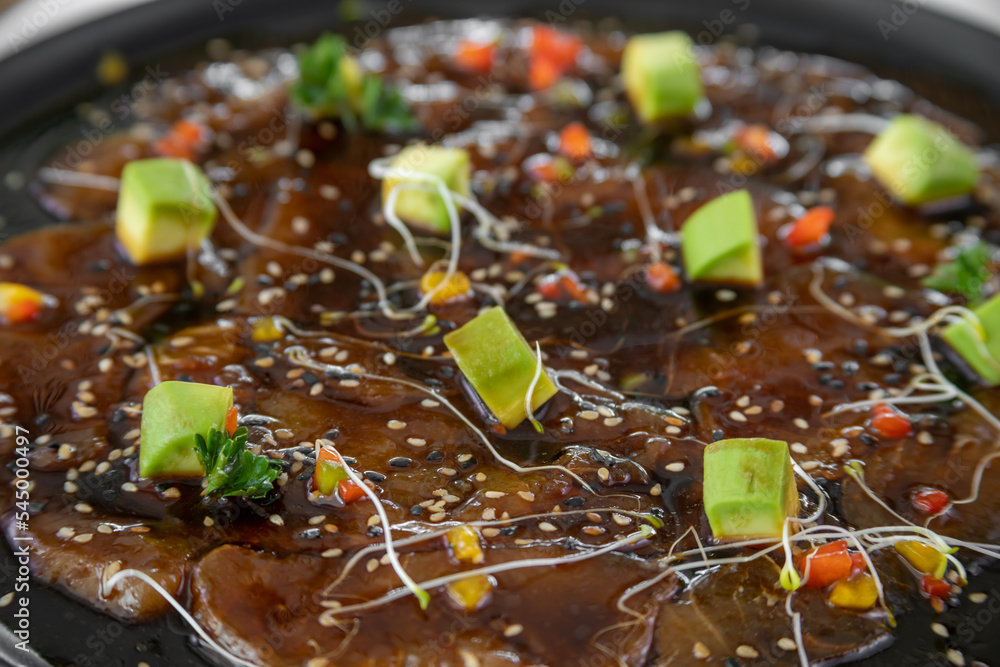 Typical peruvian food and drinks, nikkei tiradito Stock Photo | Adobe Stock