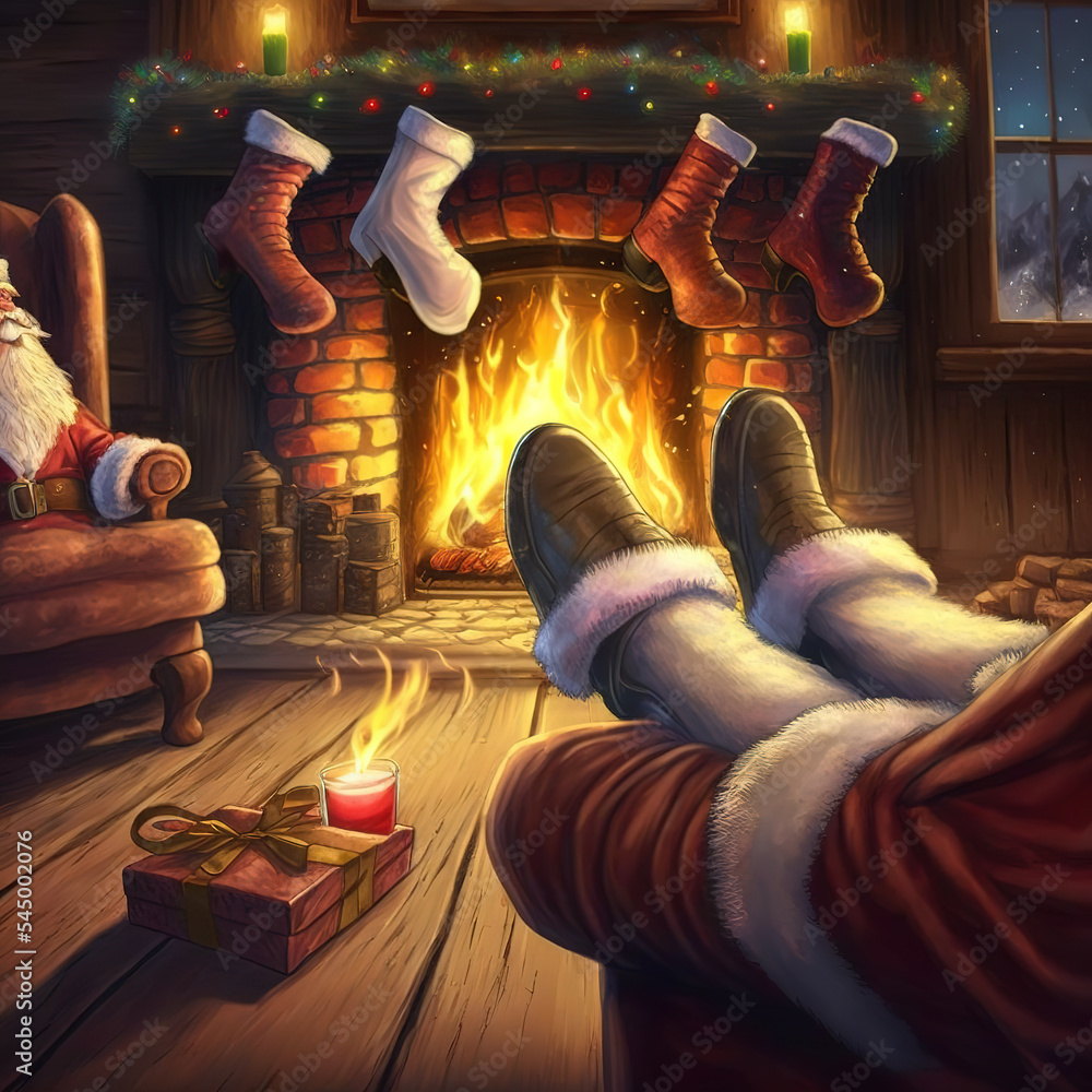 Father Christmas warming his feet by the open fire after a night out ...