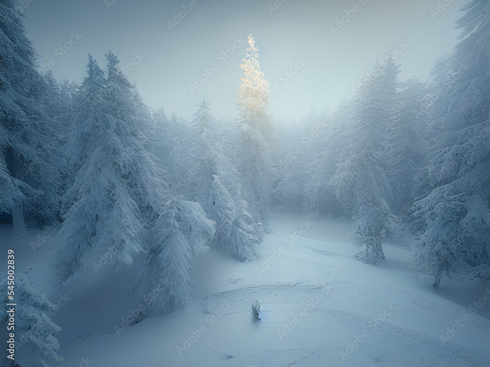 snow covered trees in the forest with sunlight, sunrise during snowy ...