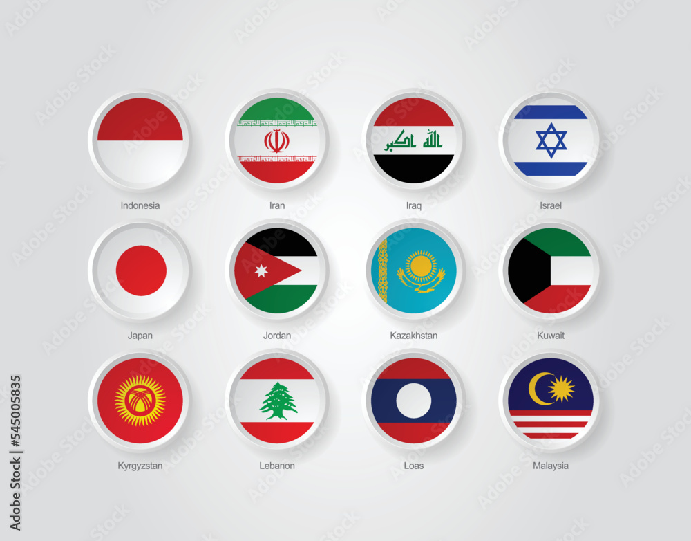 3D embossed and circular design flag icons for Asian countries. Vector ...
