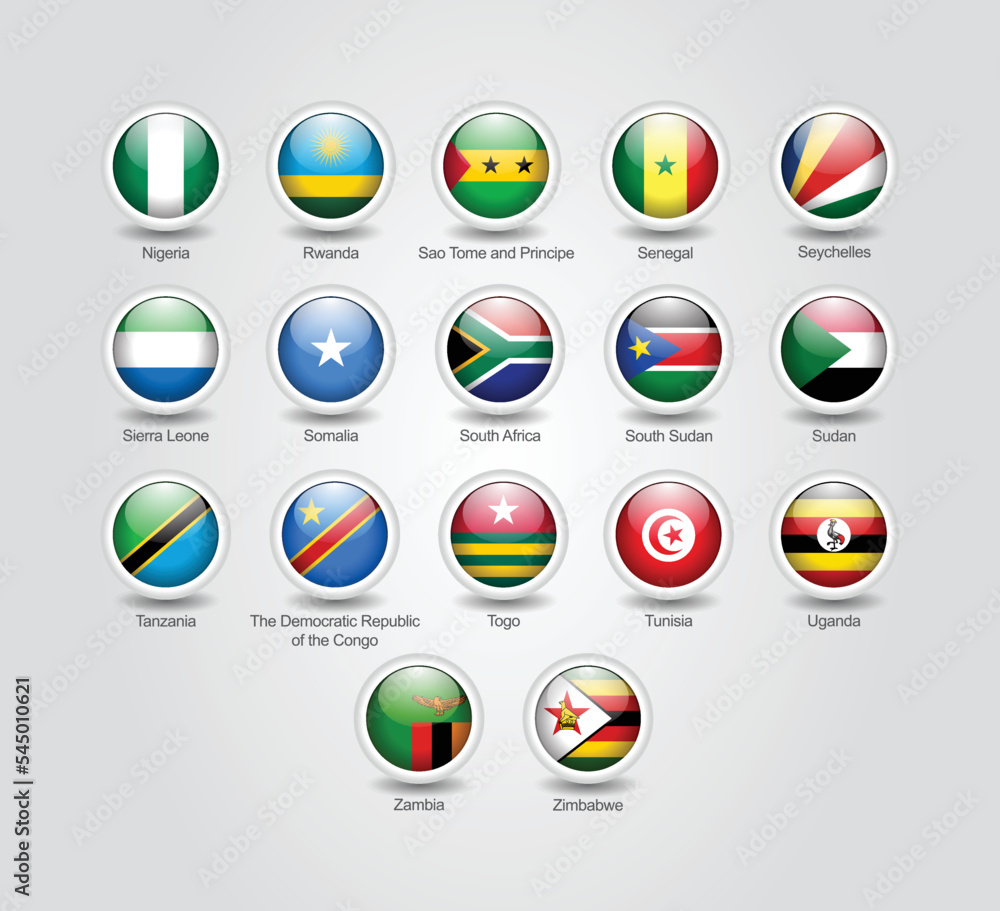 3D glossy and round design flag icons for African countries. Vector ...
