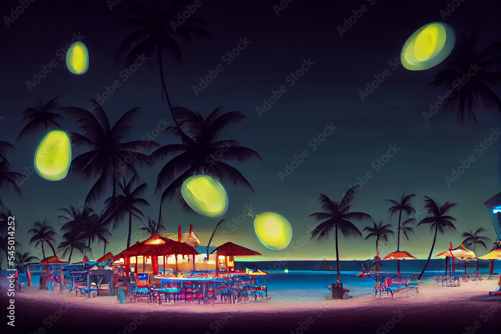 Ethereal otherworldly alien beach with glowing plankton, silhouettes of ...