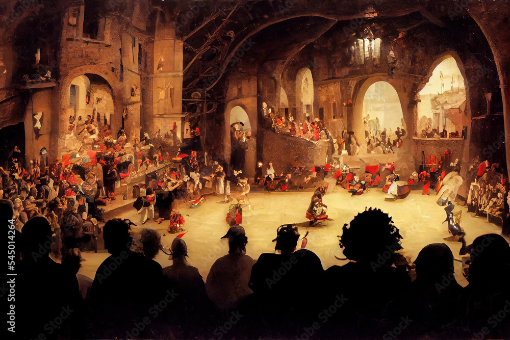 Digital watercolour artwork of Commedia dell'arte. Crowd of people ...