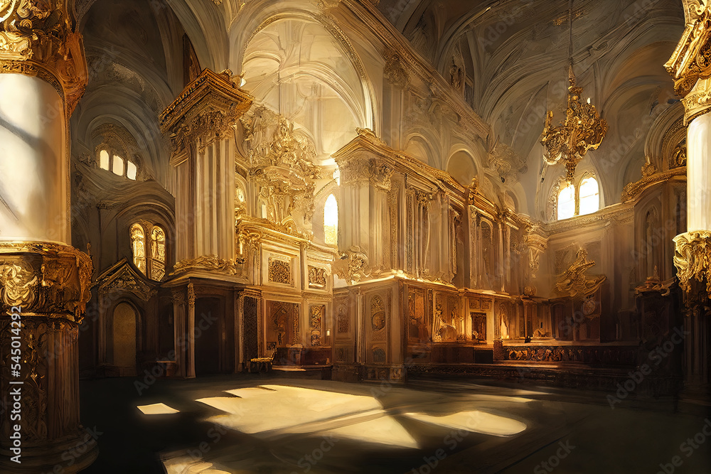 Interior of a Baroque church with golden decorations and white walls ...