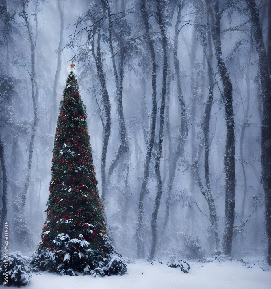 The Christmas tree is standing in the middle of a calm snow forest. The ...