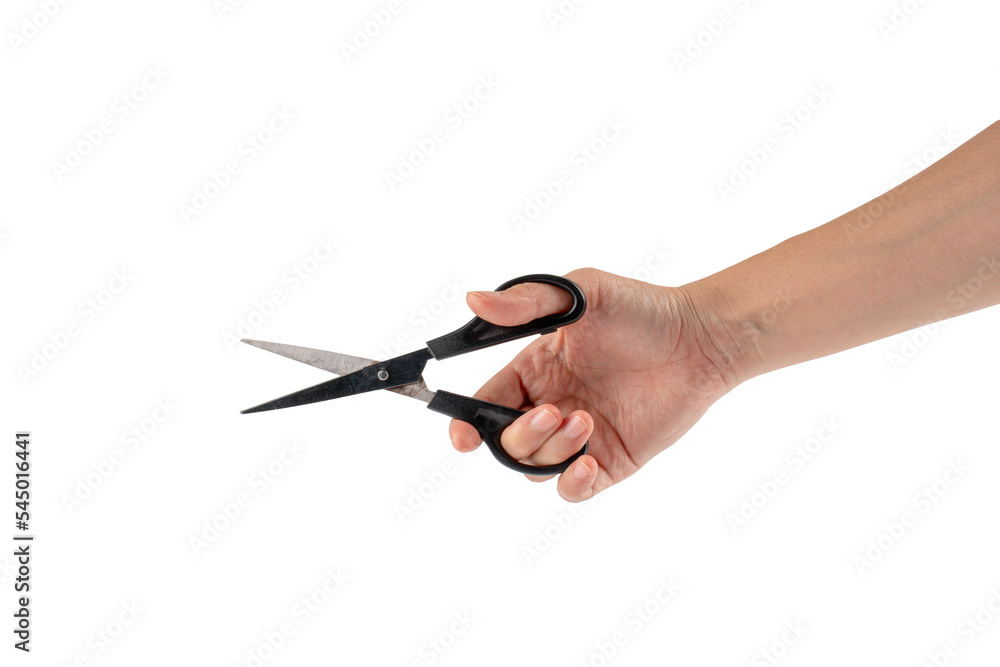 Hand holding office stationery scissors cutting on transparent ...