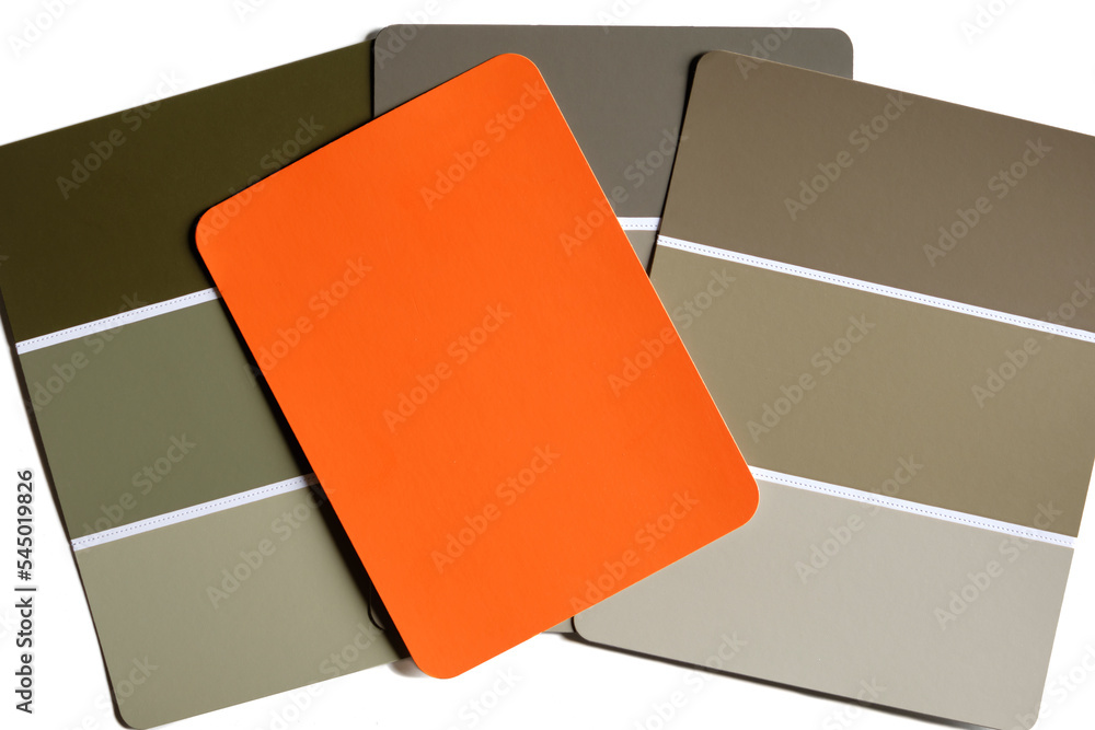 Generic color swatches scattered on a table. Swatches are in autumnal ...