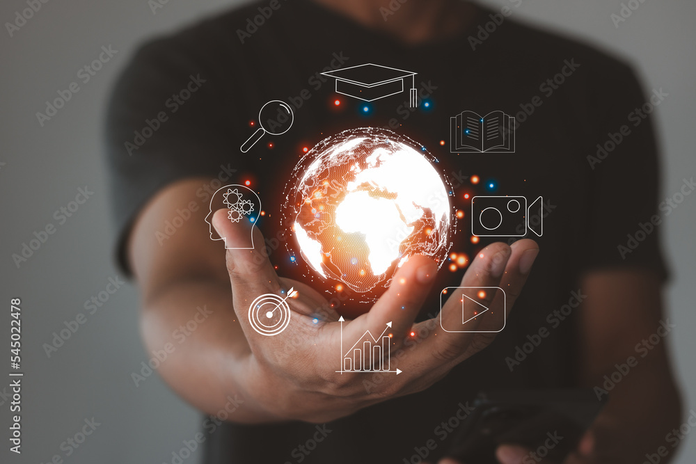 Man hand showing the Technology Internet, multimedia, Storage Network ...