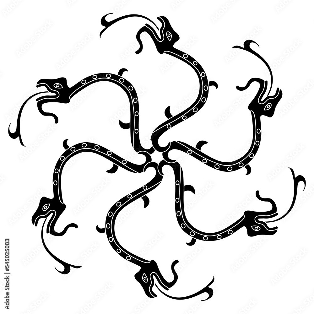 Round spiral animal ornament with snakes or dragons. Serpent mandala ...