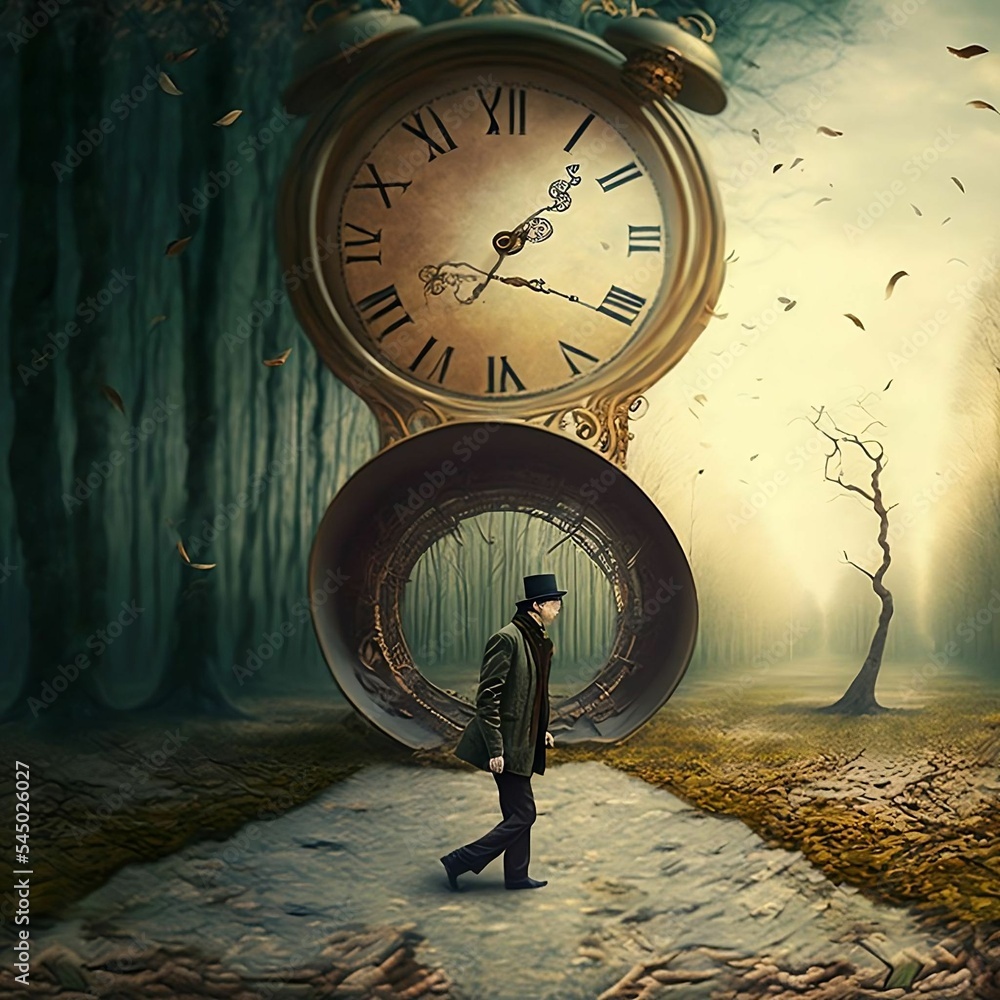 Eerie Clock Portal Passageway with Faceless Man Walking in Front of It ...