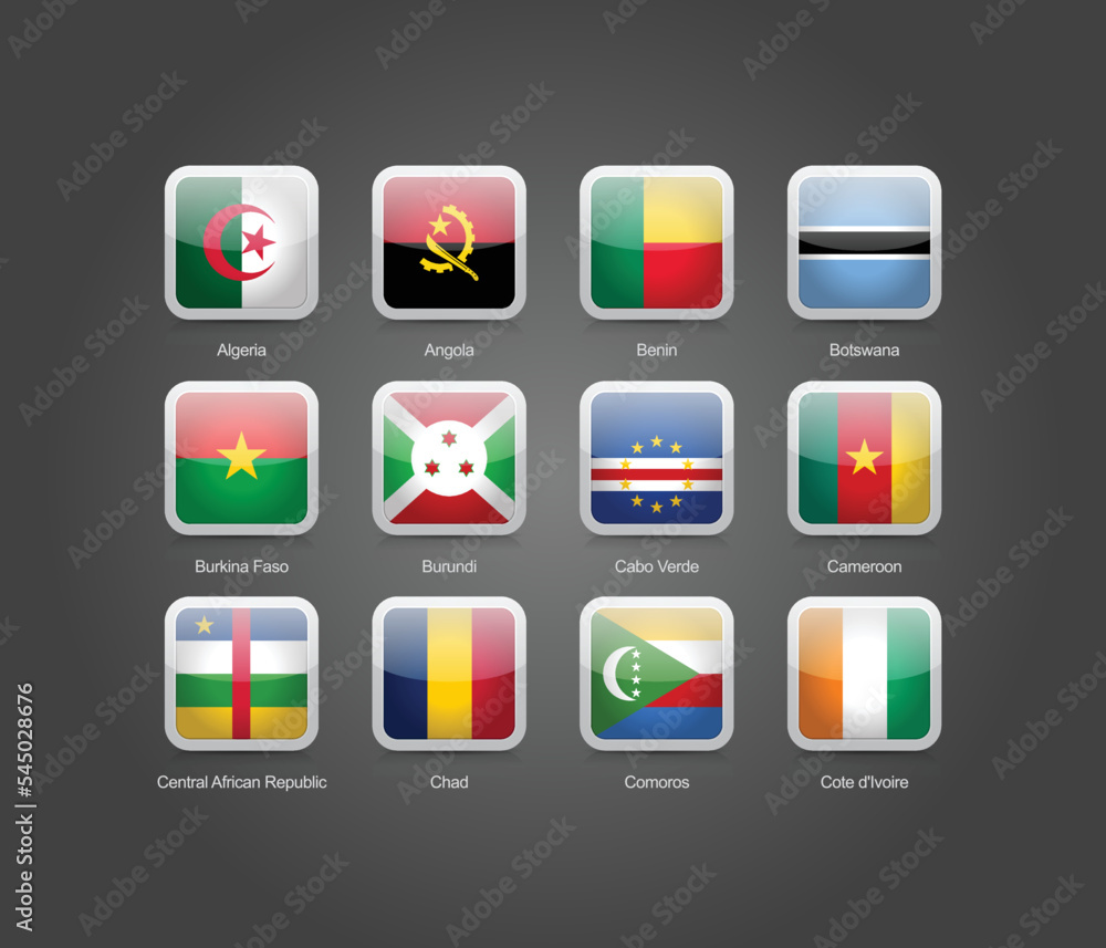 3D rectangular and round glossy design flag icons for African countries ...
