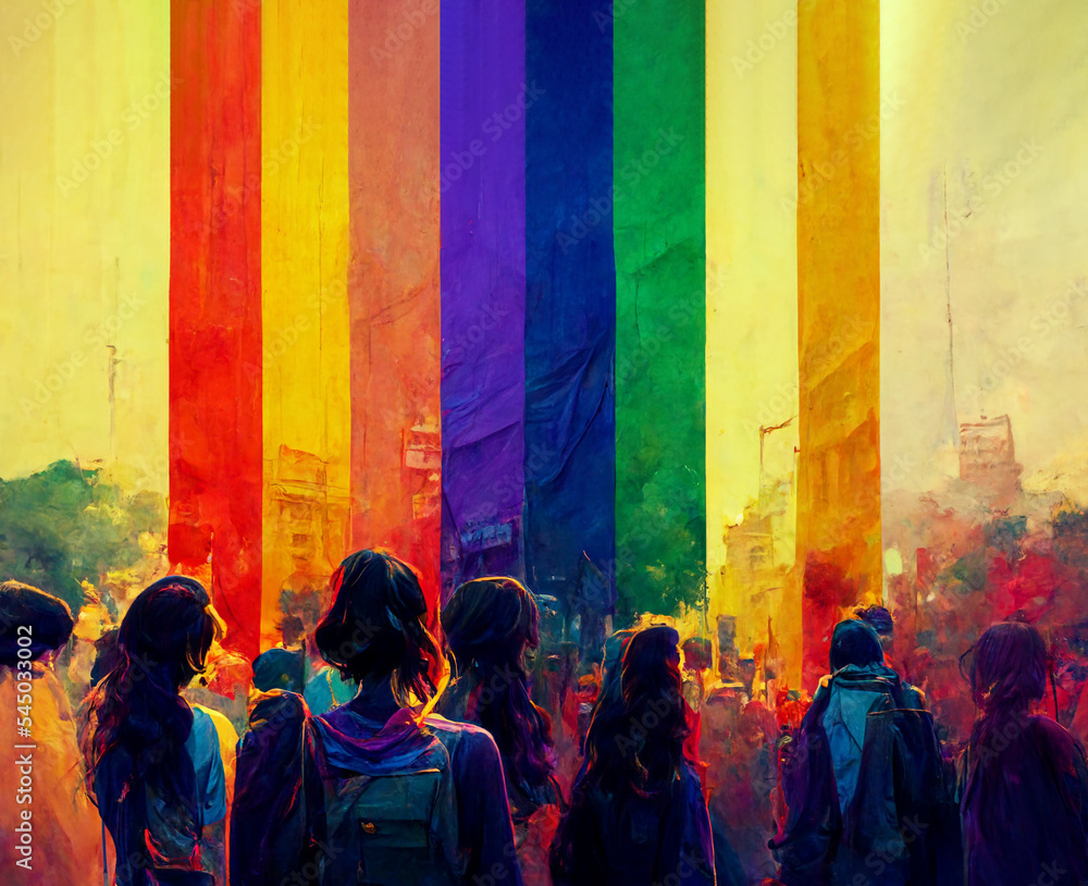 Artistic presentation of a huge LGBT flag in a city with people looking ...
