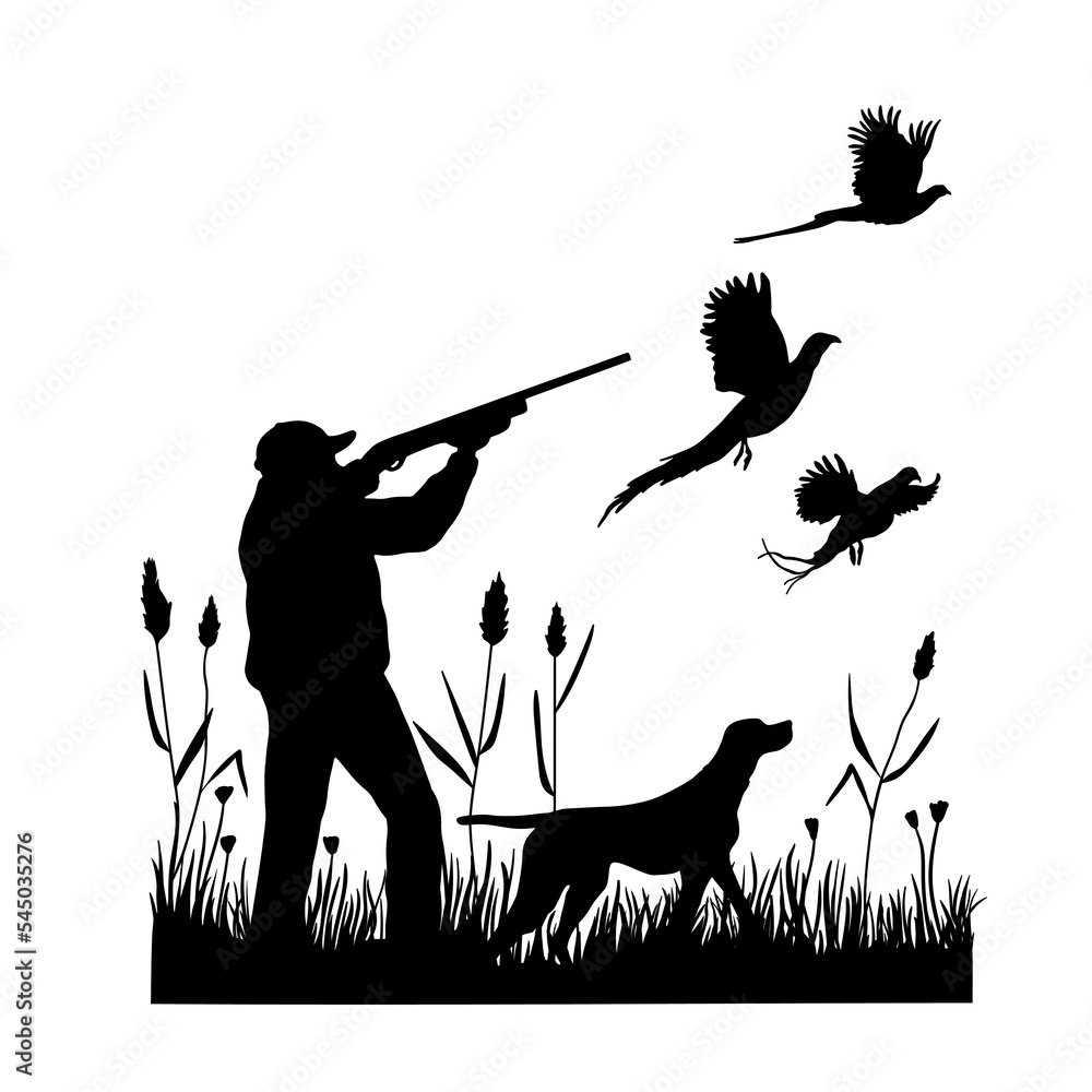 Hunter with dog aiming with rifle on pheasant. Outdoor hunting scene ...