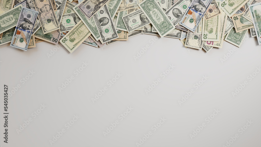 Mixed Denomination Bills Border on White Surface. Prosperity Background ...