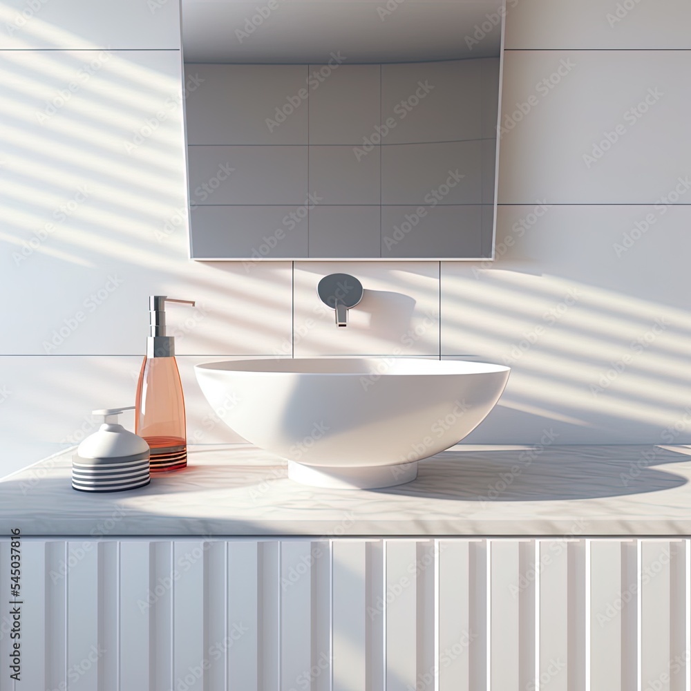 3D render an empty white vanity counter with ceramic washbasin and ...