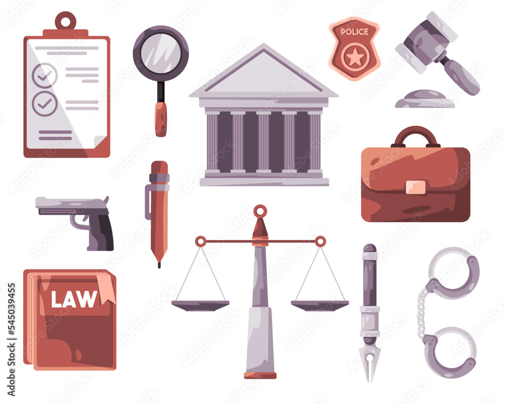 Law justice icon set collection in cartoon style illustration from ...