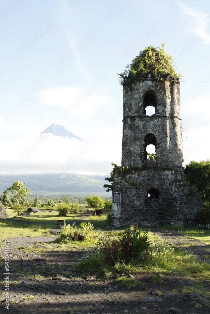 Church ruins overlooking mayon volcano at bicol, philippines Stock ...