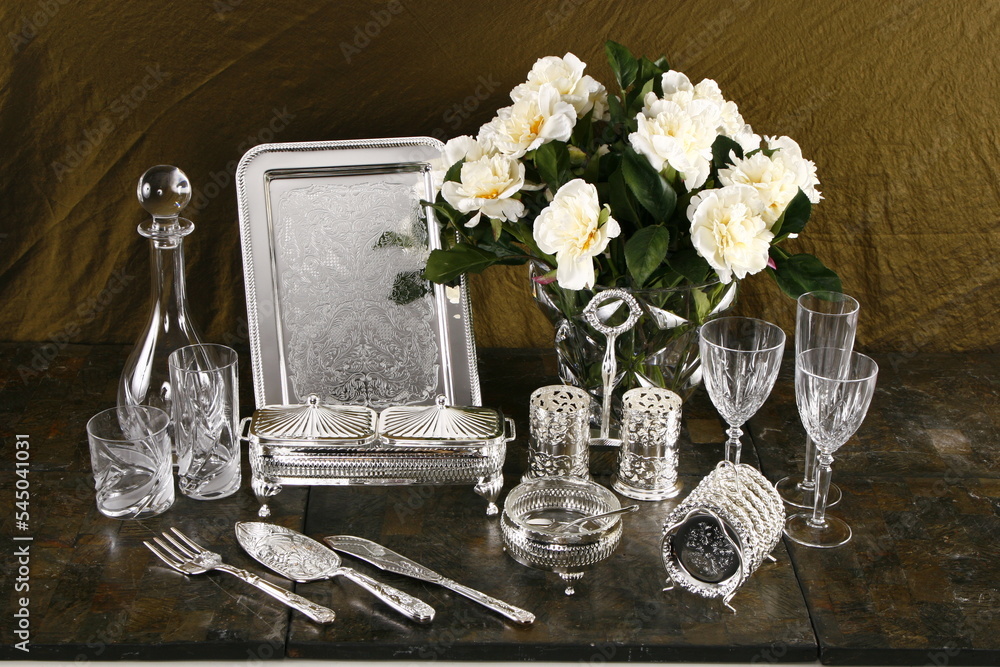 Silverware and glassware set for special occasions Stock Photo | Adobe ...