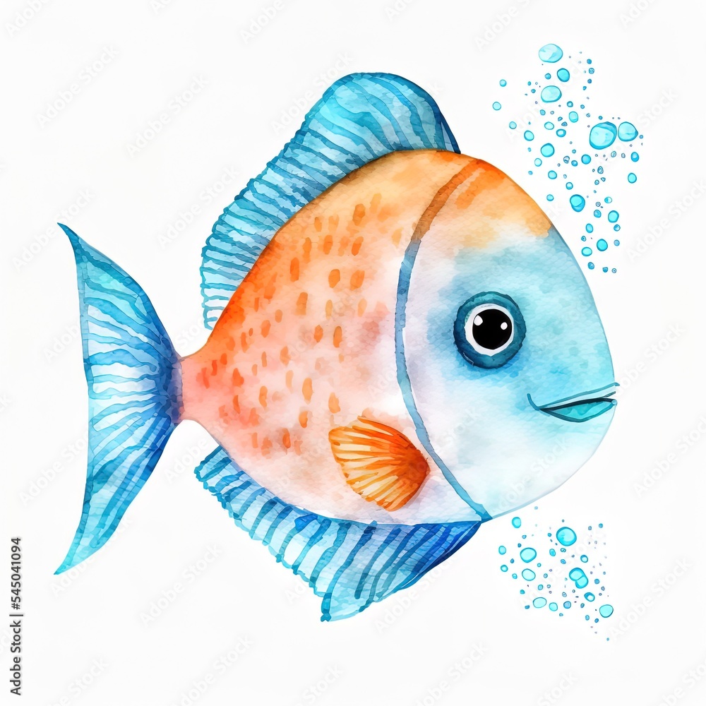 Cute watercolor cartoon fish isolated on white background. Stock ...