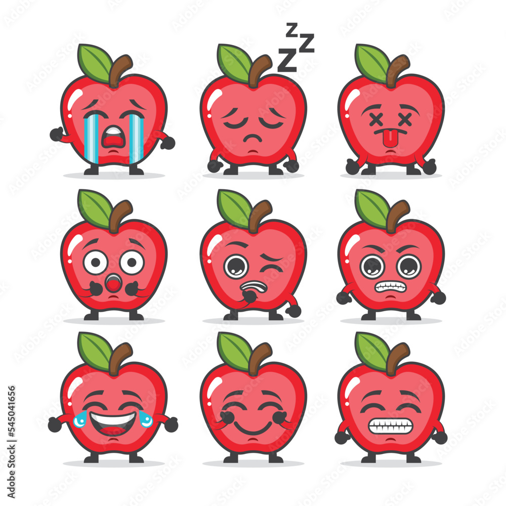 Apple character with various face expression. Happy cute cartoon apple ...