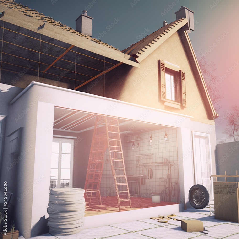 3D rendering of a house undergoing amplifying renovations there is ...