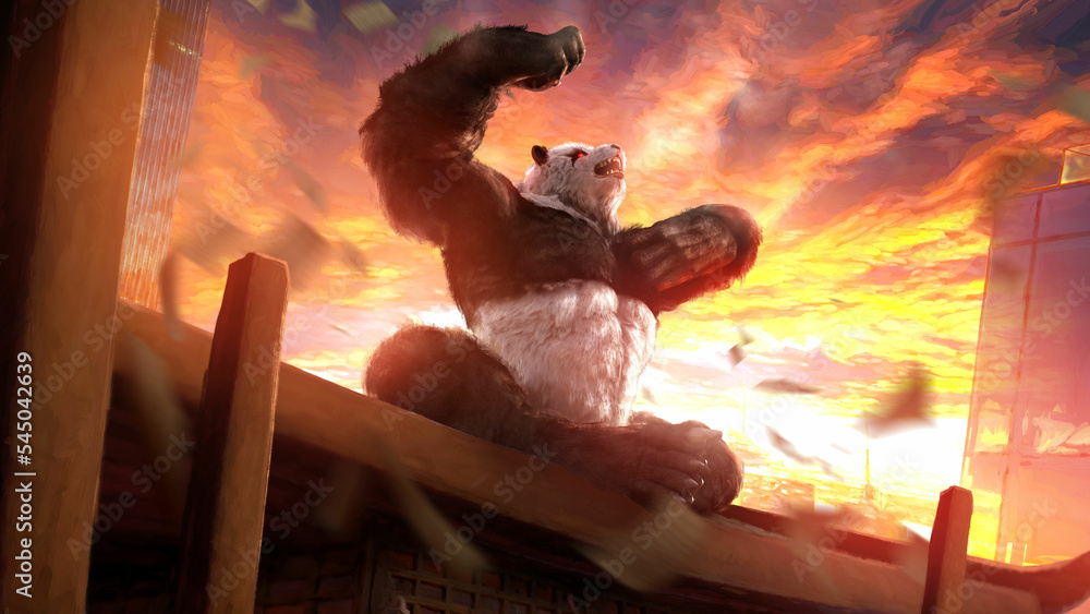 ภาพประกอบสต็อก A huge humanoid half-gorilla pada knocks his chest with ...