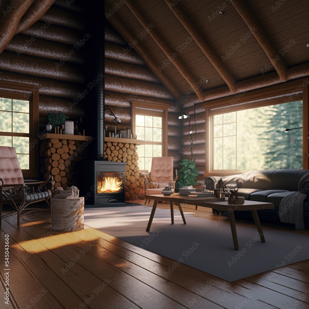 Home mockup, cozy log cabin interior background, 3d render Stock ...