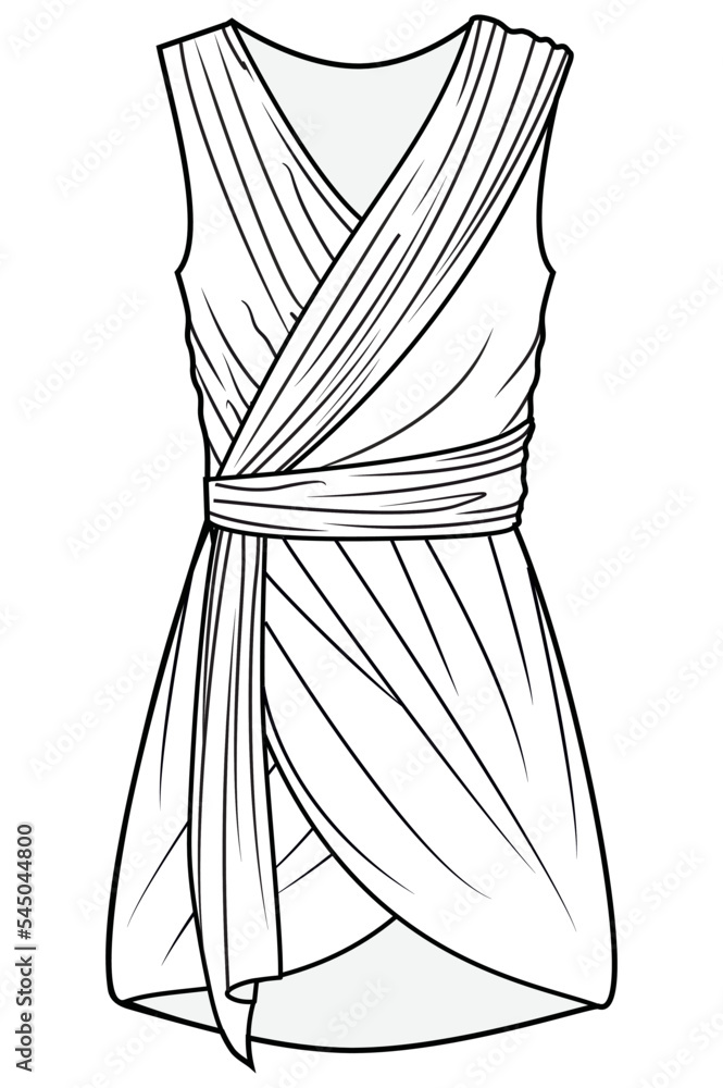 womens sleeveless v neck wrap dress flat sketch vector illustration ...