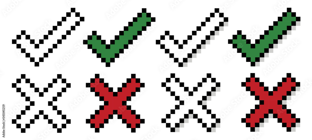 Pixel check mark and cross. Yes and no buttons. 8-bit Video game style ...
