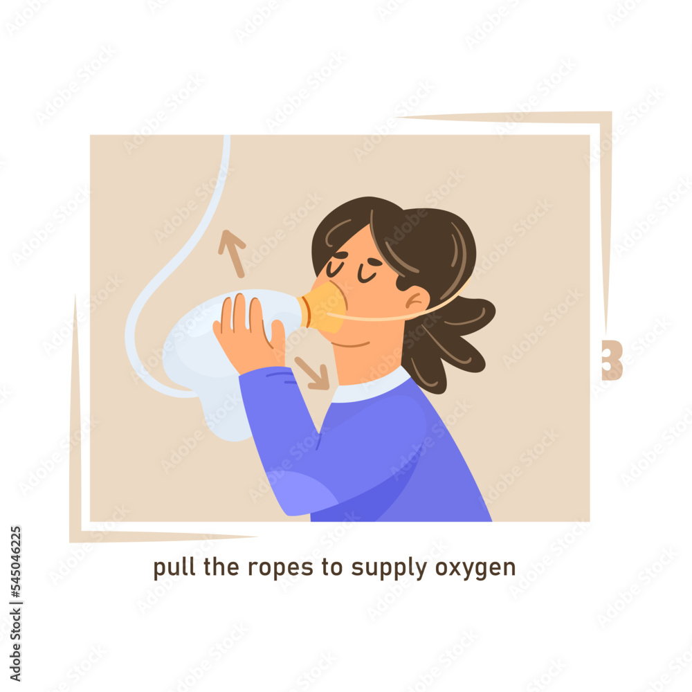 Step four of putting on oxygen mask cartoon illustration. Instruction ...