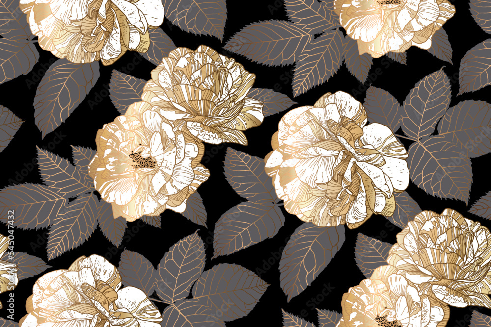 Seamless luxury pattern with white and gold roses and grey leaves on ...