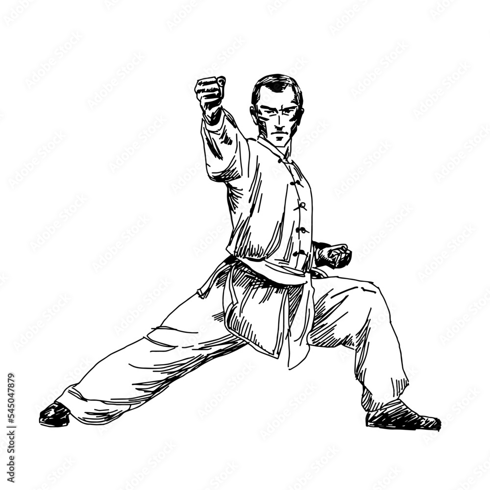 Drawn man wushu kung fu stance. Vector illustration graphic resources ...