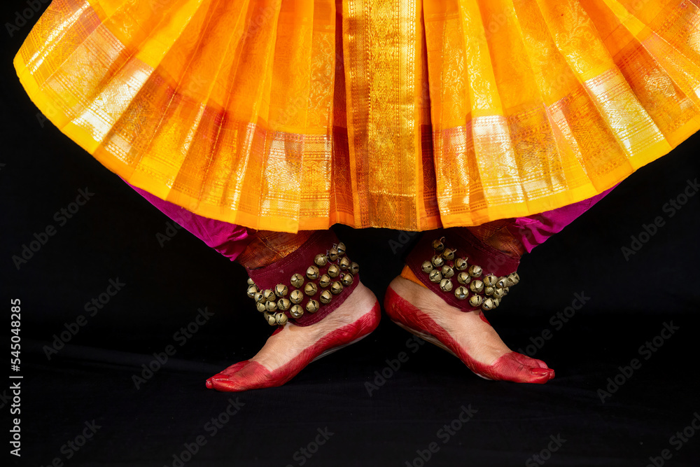 Female Indian classical dancer legs in closeup view demonstrating dance ...