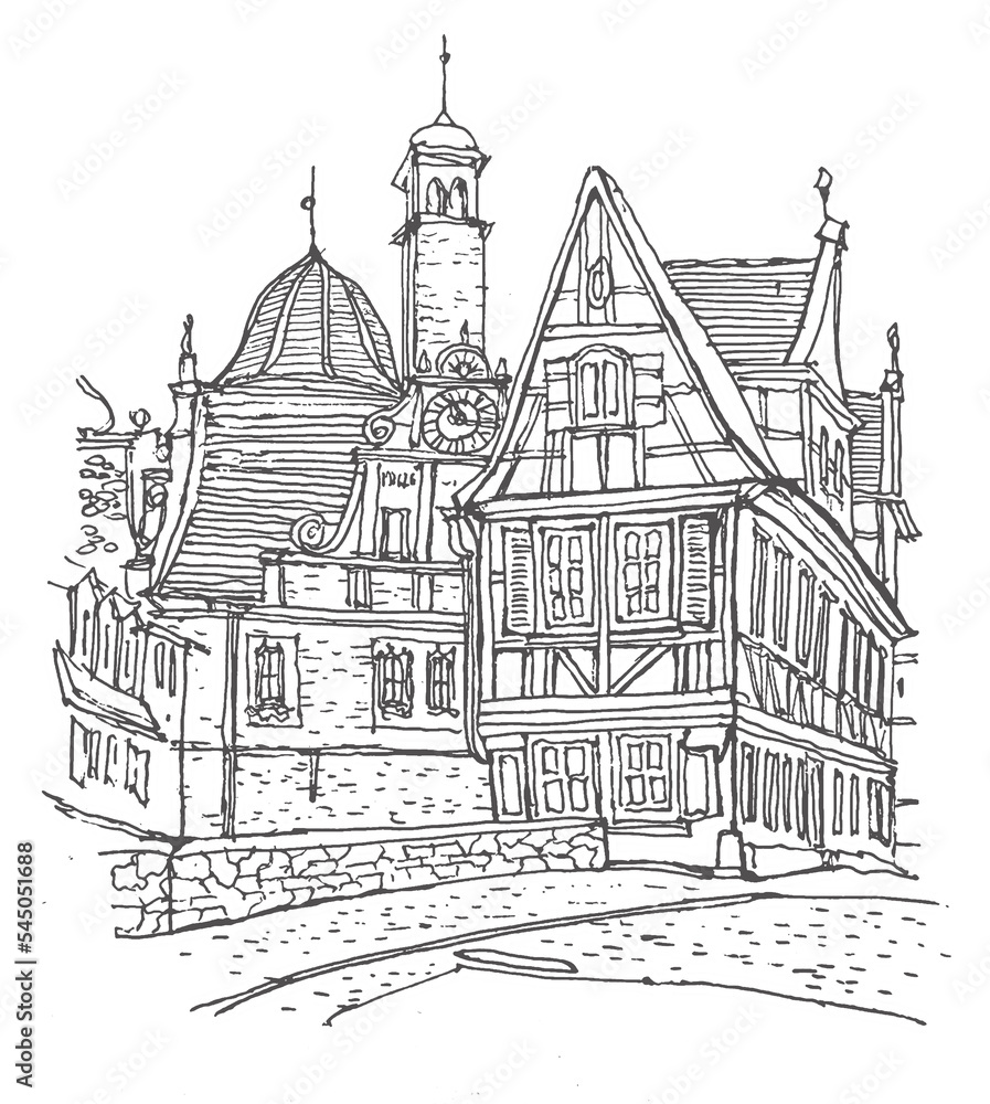 Travel sketch illustration of Marktbreit, Germany, Europe. Sketchy line ...