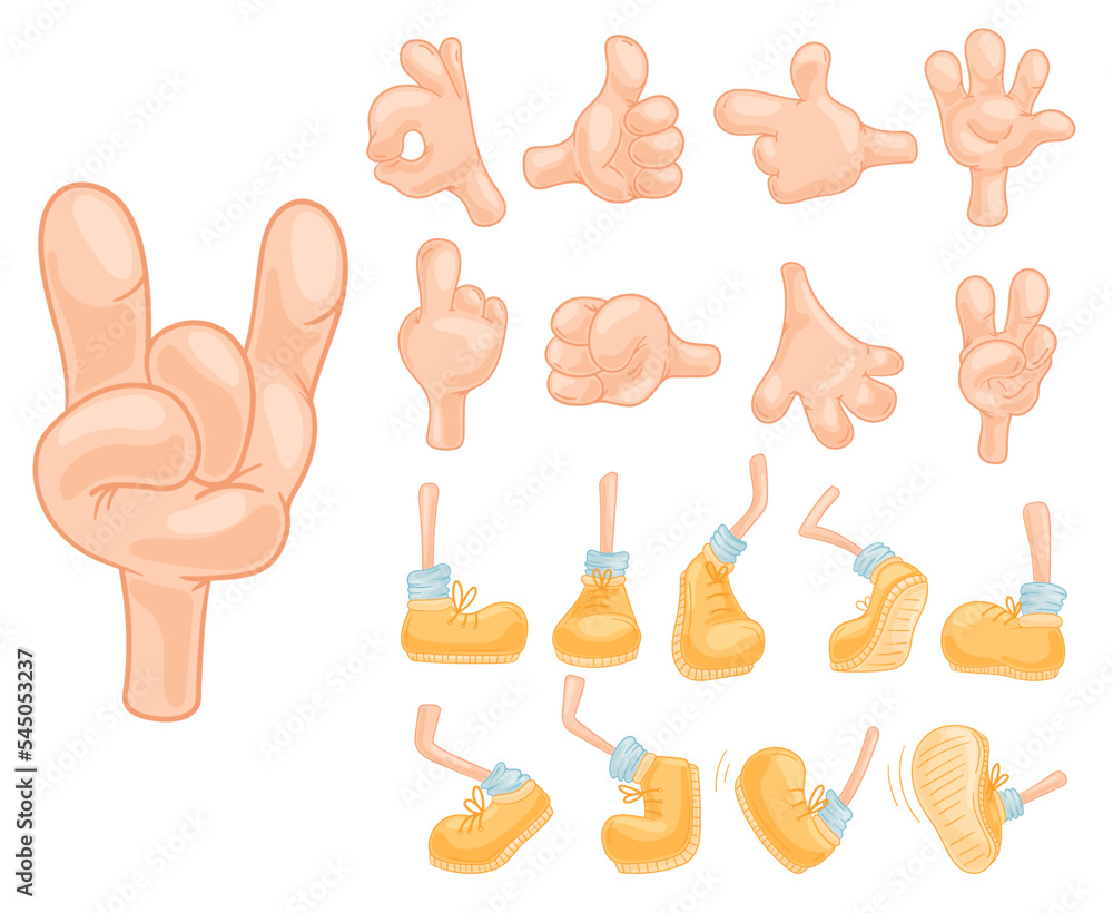 Cartoon Hands with Gesture and Legs in Orange Shoes Performing Various ...