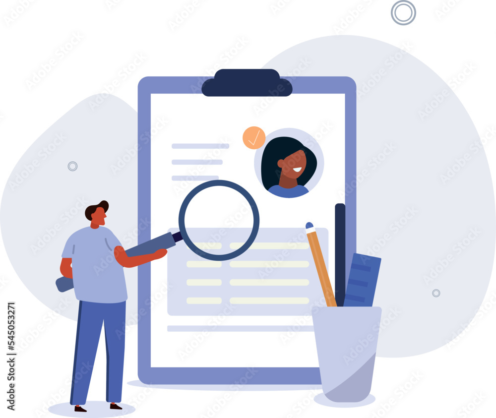 Hr manager searching new employee, reading CV and giving job candidate ...