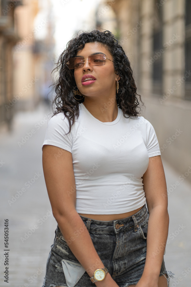 young model girl posing with sunglasses and lips with lipstick Stock ...