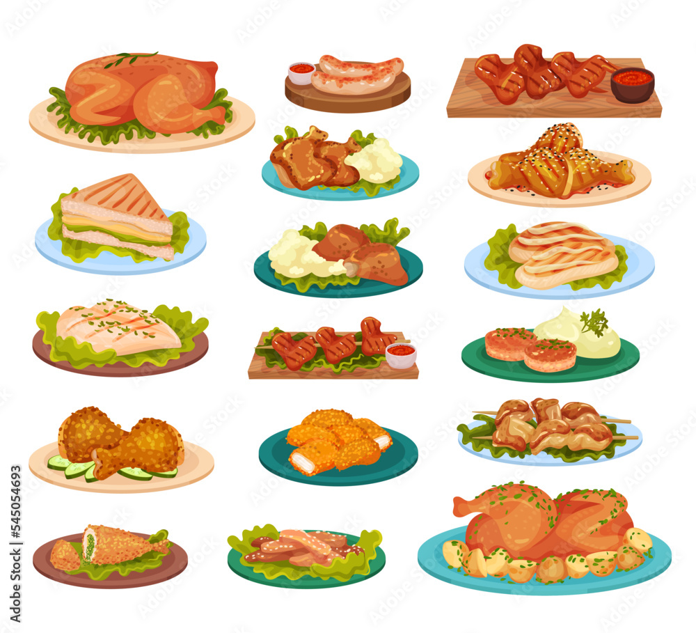 Chicken Dishes Set Fried Meat Steaks Meatballs And Sausages From Chicken Meat Cartoon Vector