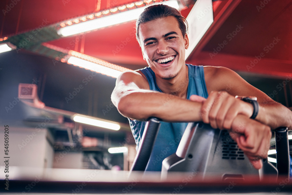 Fitness, gym and portrait of happy man with smile after exercise ...