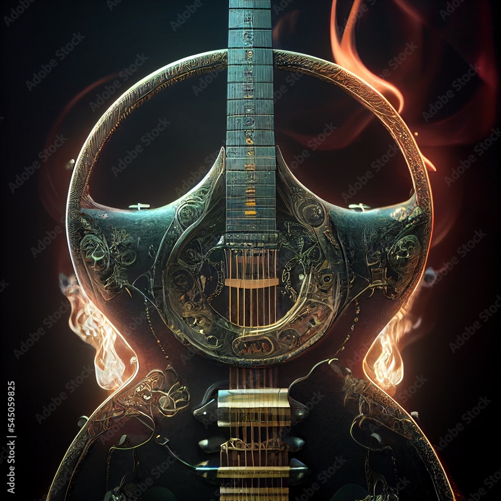burning fire electric guitar, music, rock, glowing illustration ...