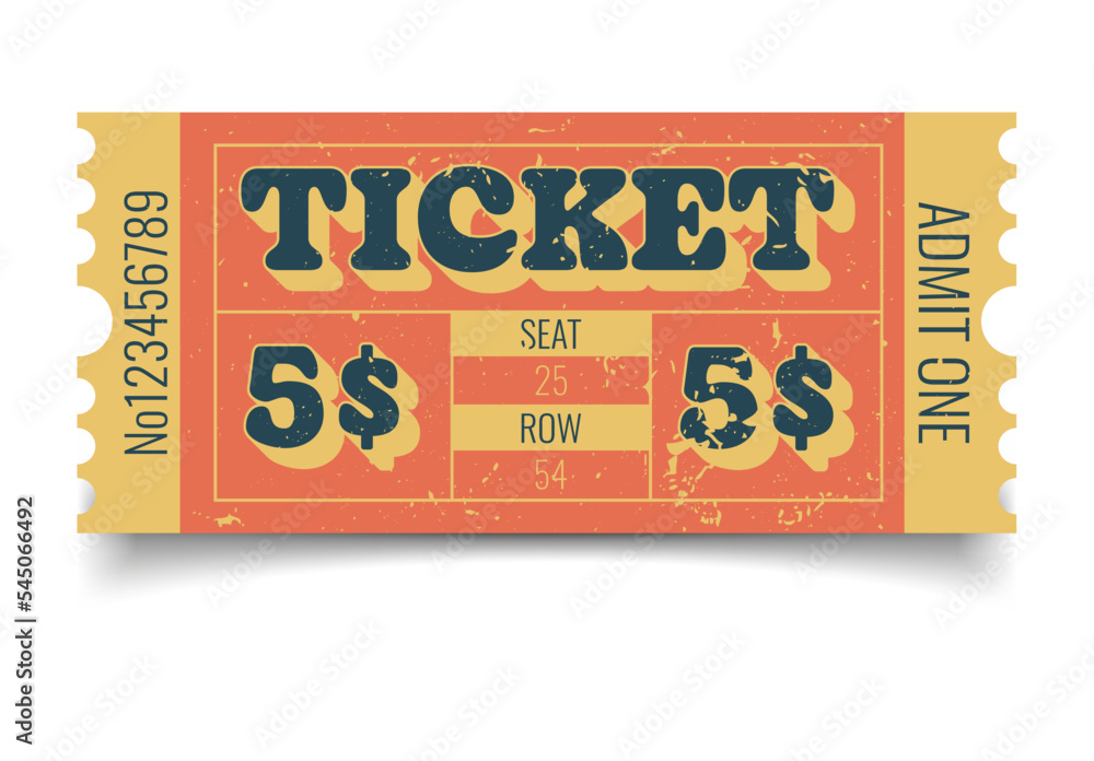 Vector retro ticket isolated isolated on white background. Cinema, theater, concert, play, party ...