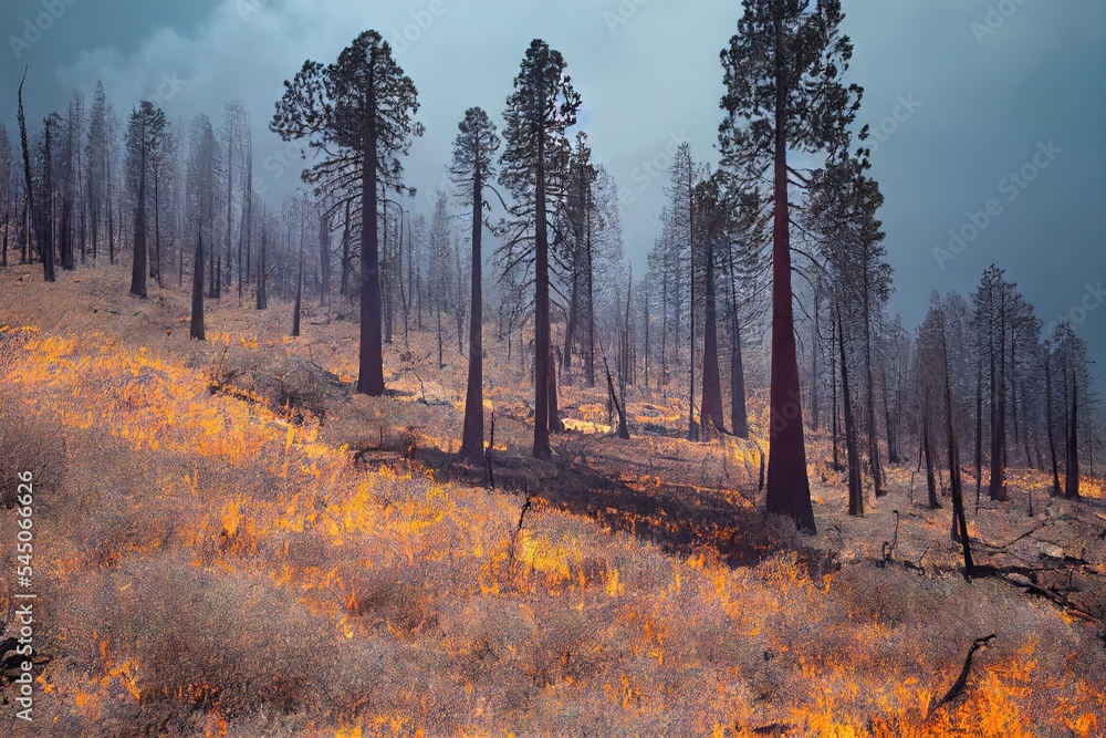 Forest tree devoured by flames of wildfire natural disaster. Effect of ...