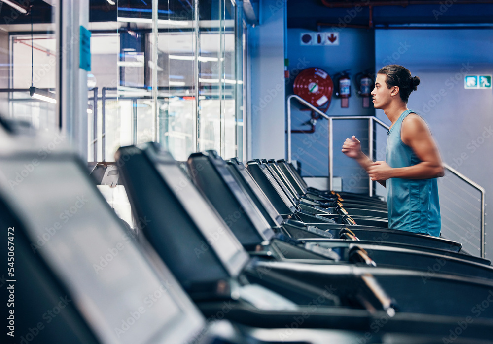 Running, fitness and man exercise on treadmill in gym workout, training ...