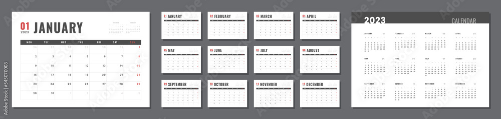 2023 calendar planner template set. Vector simple grid layout for wall ...