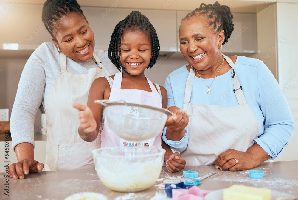 Happy family, child and cooking in kitchen together for bonding or ...