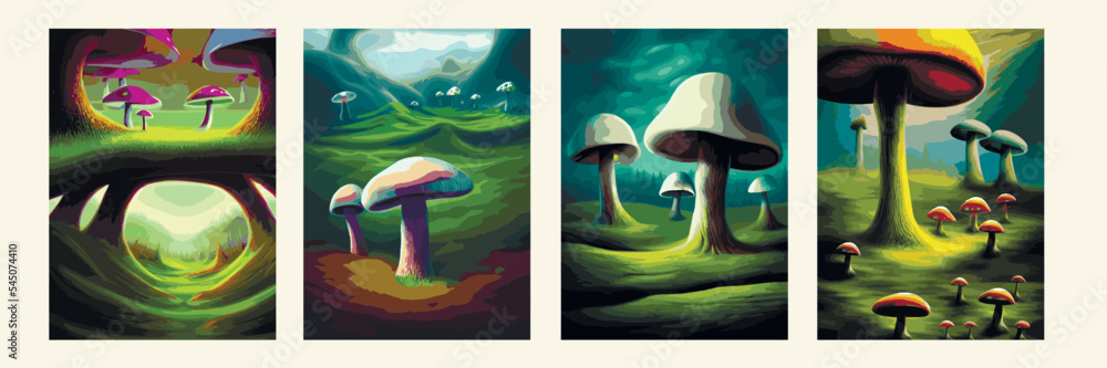 surreal mushroom landscape, vector illustration. Psychedelic art with ...