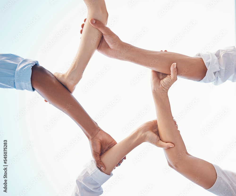 Support, diversity and business people connect arms for unity, strength ...