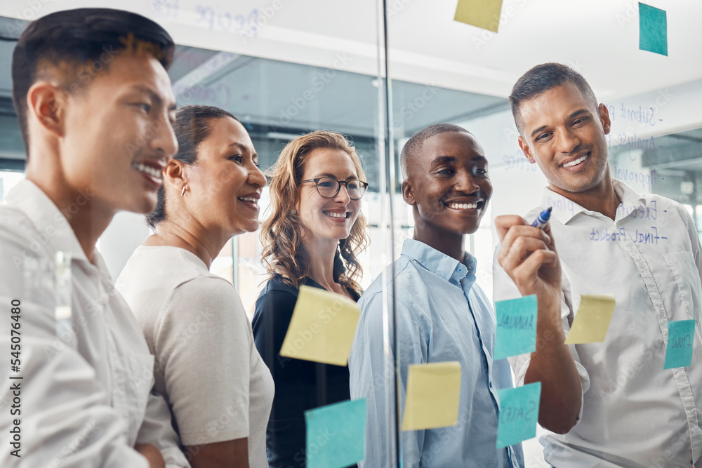Business people, planning and team brainstorming with sticky notes for ...